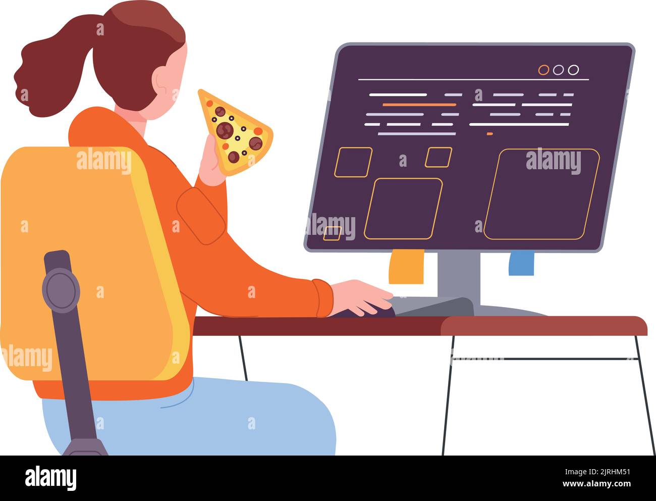 Freelancer eating at computer desk. Office meal isolated on white ...