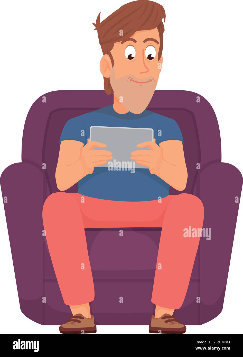 Guy sitting in armchair with tablet. Home leisure time Stock Vector ...