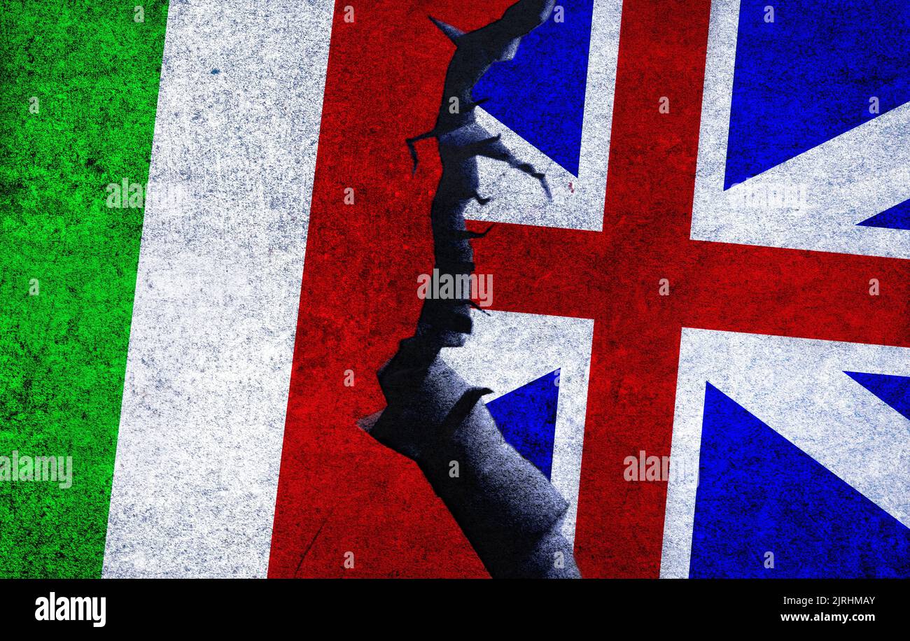 United Kingdom vs Italy concept flags on a wall with a crack. Italy and ...