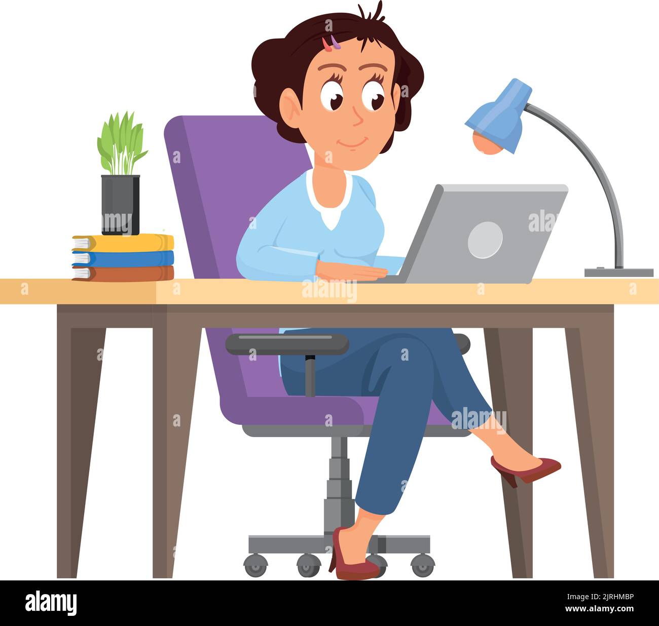 Woman sitting at office workplace and working at laptop. Cartoon ...