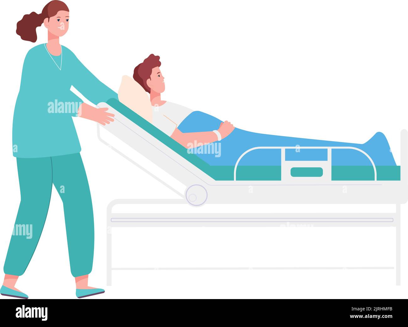 Medical worker helping patient on hospital bed isolated on white ...