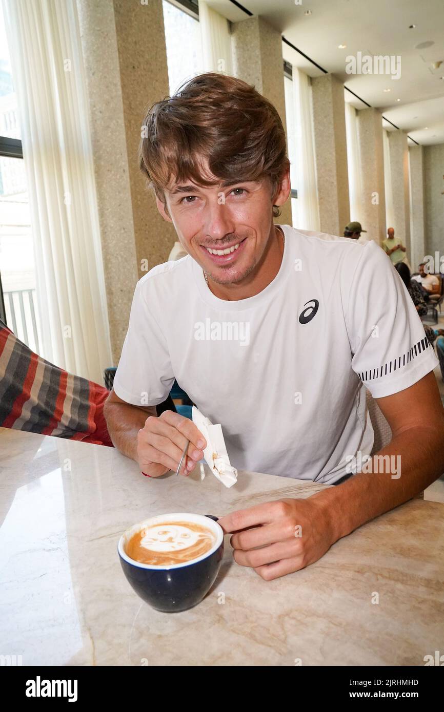 Alex de Minaur and Belinda Bencic attend the Bark Terrace Puppy Latte ...