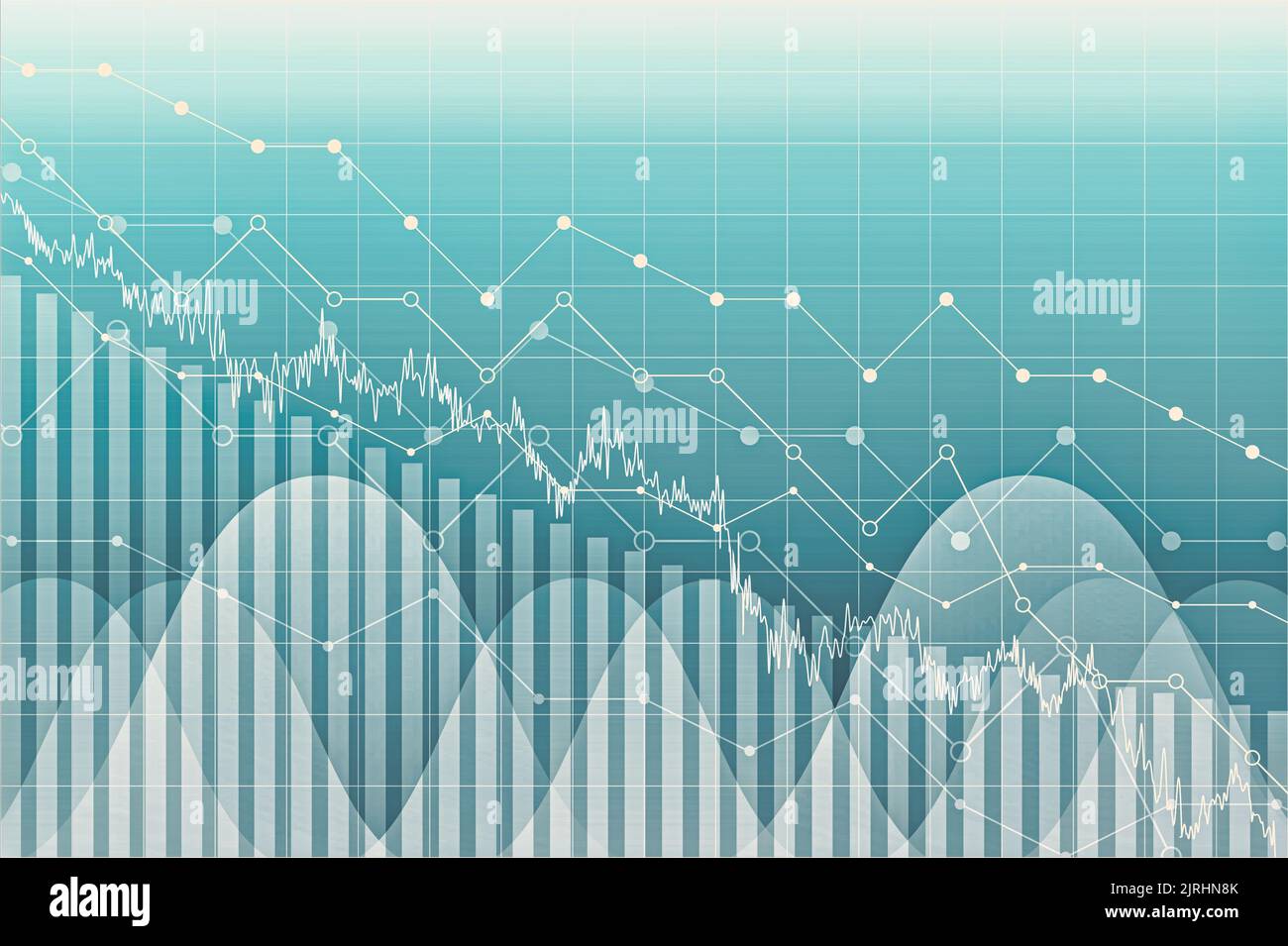 Financial data graph chart, vector illustration. Trend lines, columns, market economy ...