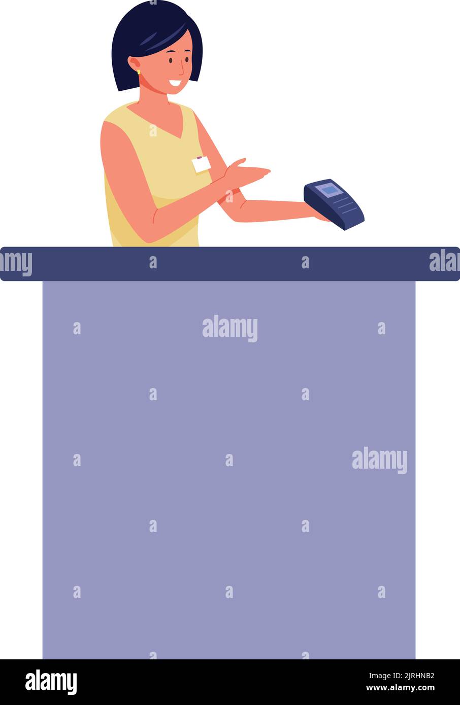 Female cashier holding card terminal. Store payment isolated on white background Stock Vector ...