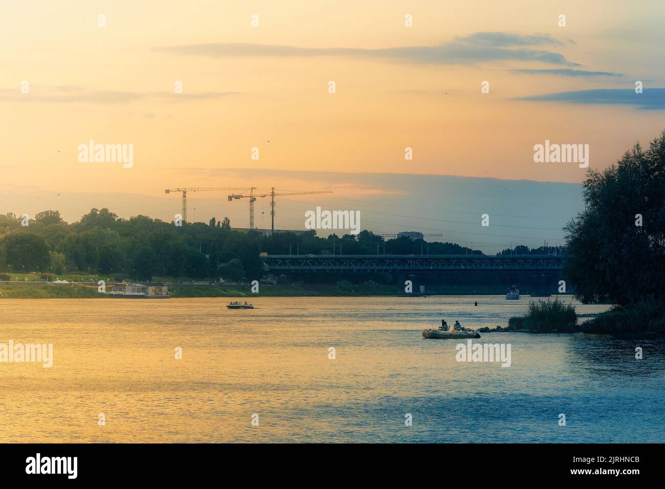 The beautiful sunrise landscape with the Vistula river view in Warsaw ...