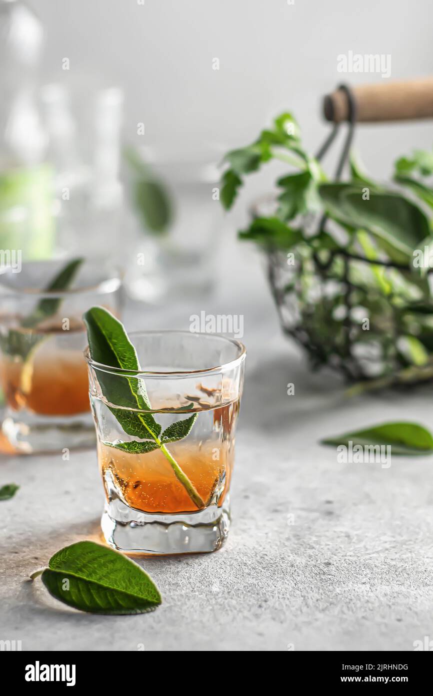 Alcoholic shots double layered decorated with sage on a gray table with ...