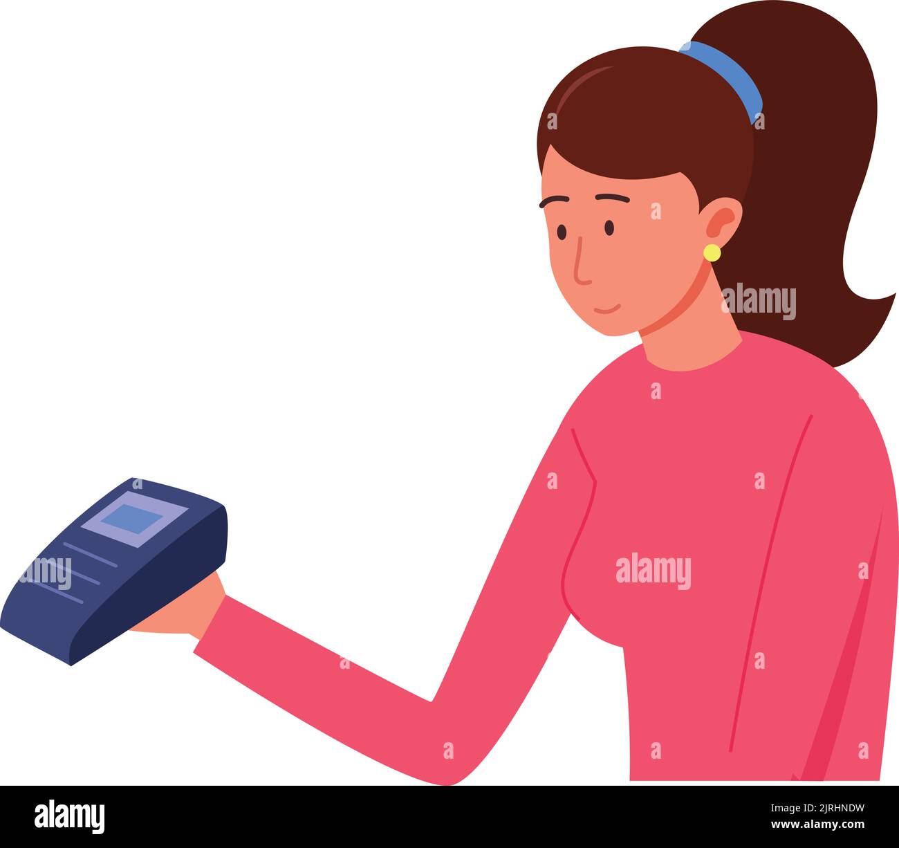 Woman holding NFC device. Mobile payment card reader isolated on white ...