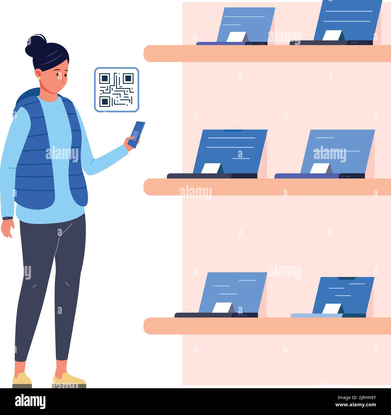 Woman scan qr code of products in electronic store isolated on white ...