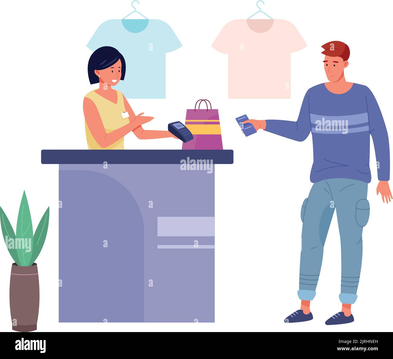 Store checkout. Man purchasing goods with credit card isolated on white ...