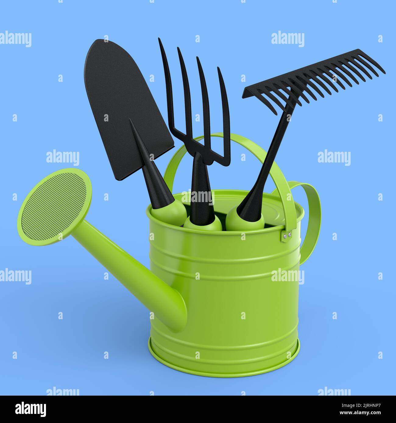 Watering can with garden tools like shovel, rake and fork on blue ...