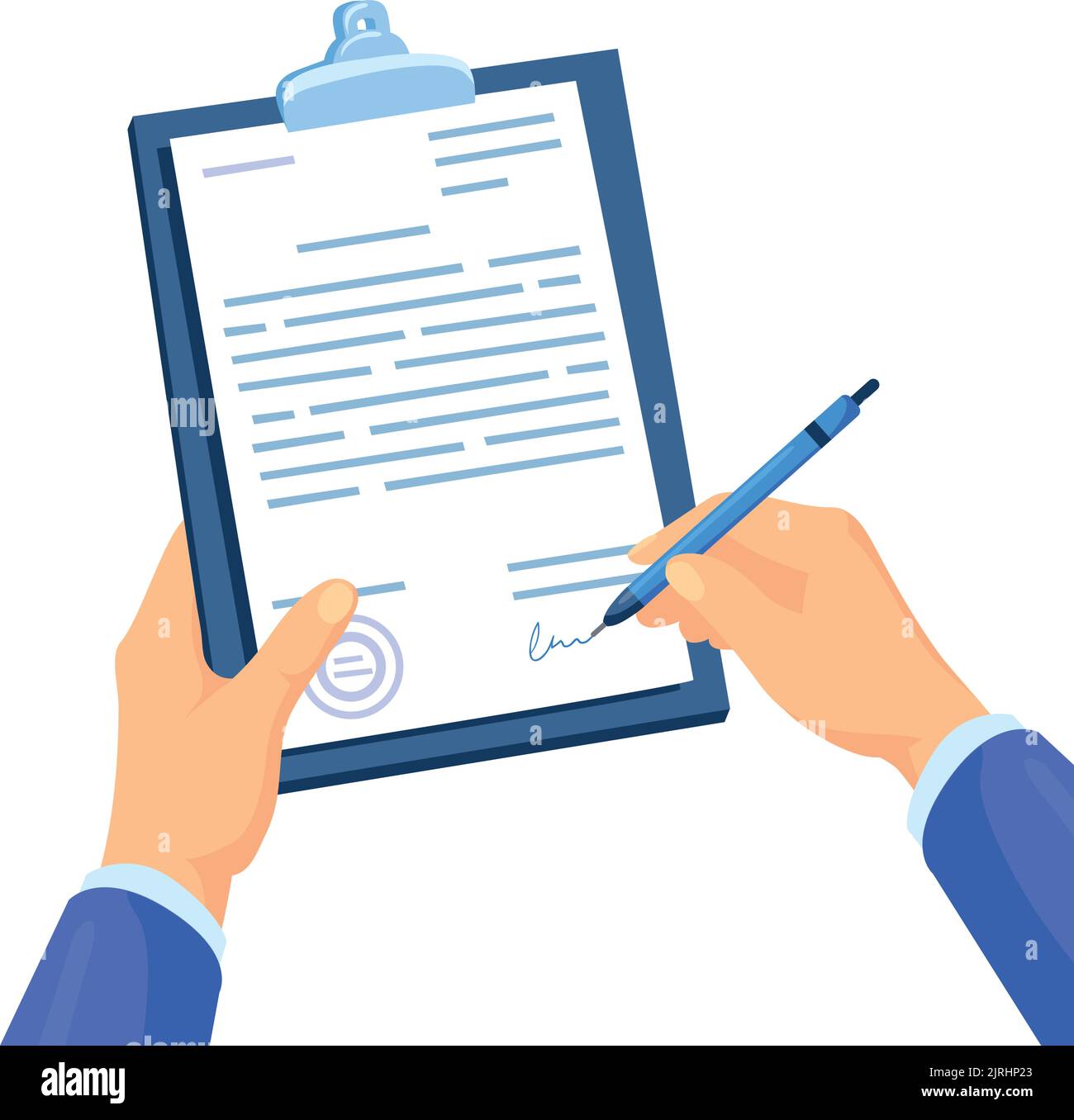 Hands writing signature on document. Signing contract concept isolated ...