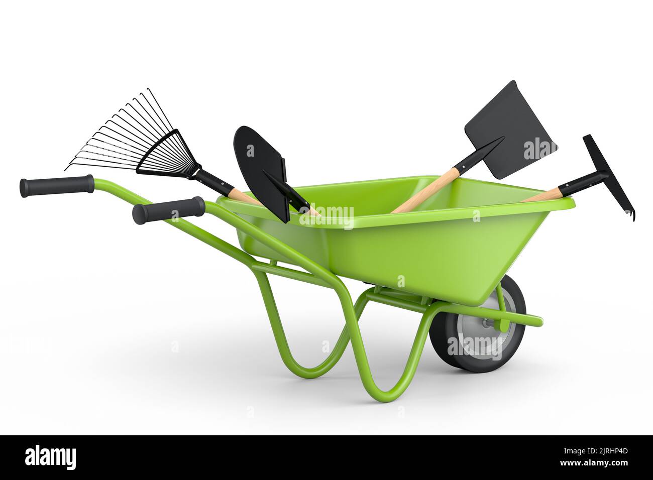 Garden wheelbarrow with garden tools like shovel, rake and fork on ...