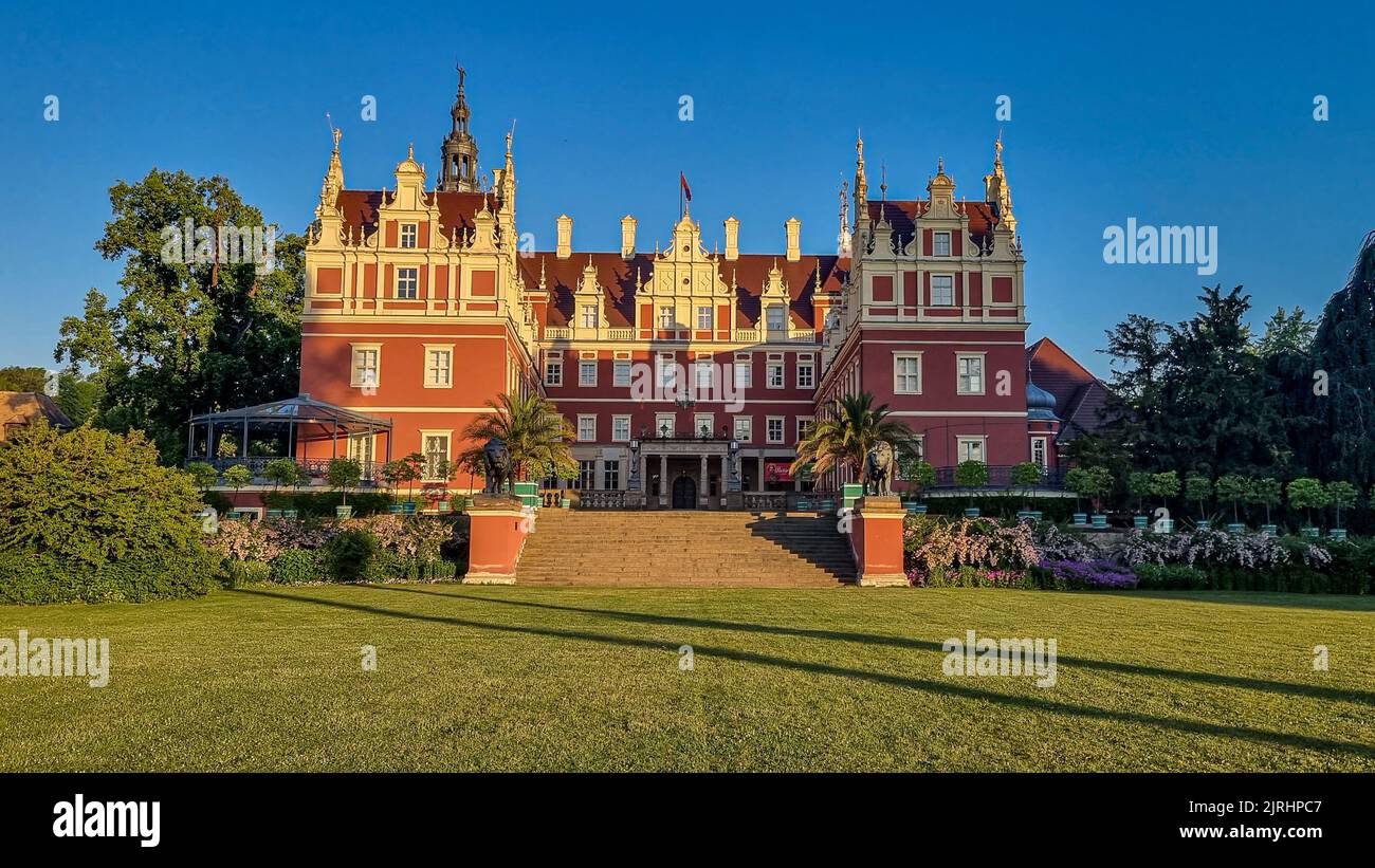 A beautiful shot of Schloss Muskau castle surrounded by trees on a ...