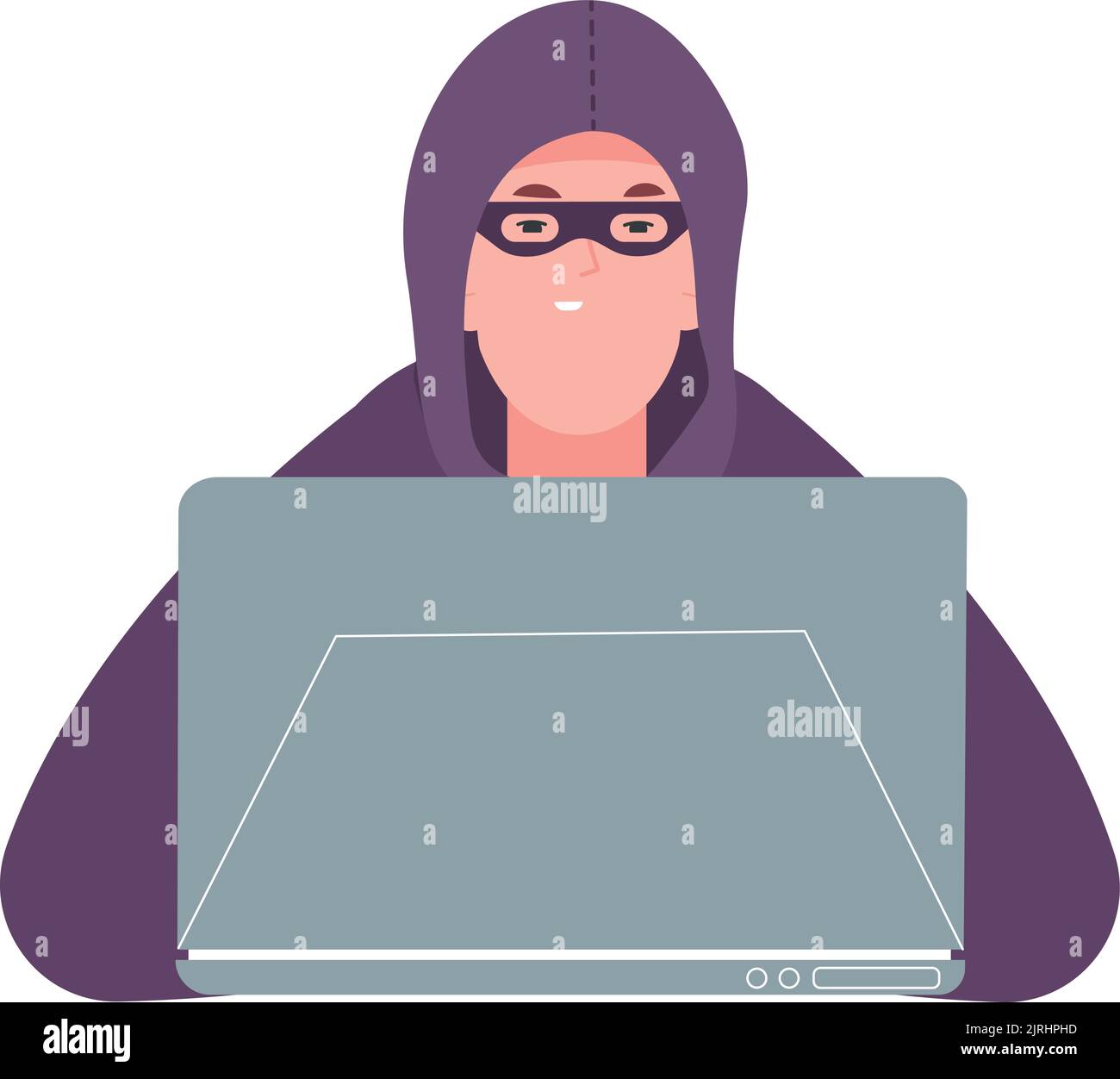 Man in hoodie working on laptop. Happy hacker. Cyber criminal isolated on white background Stock ...