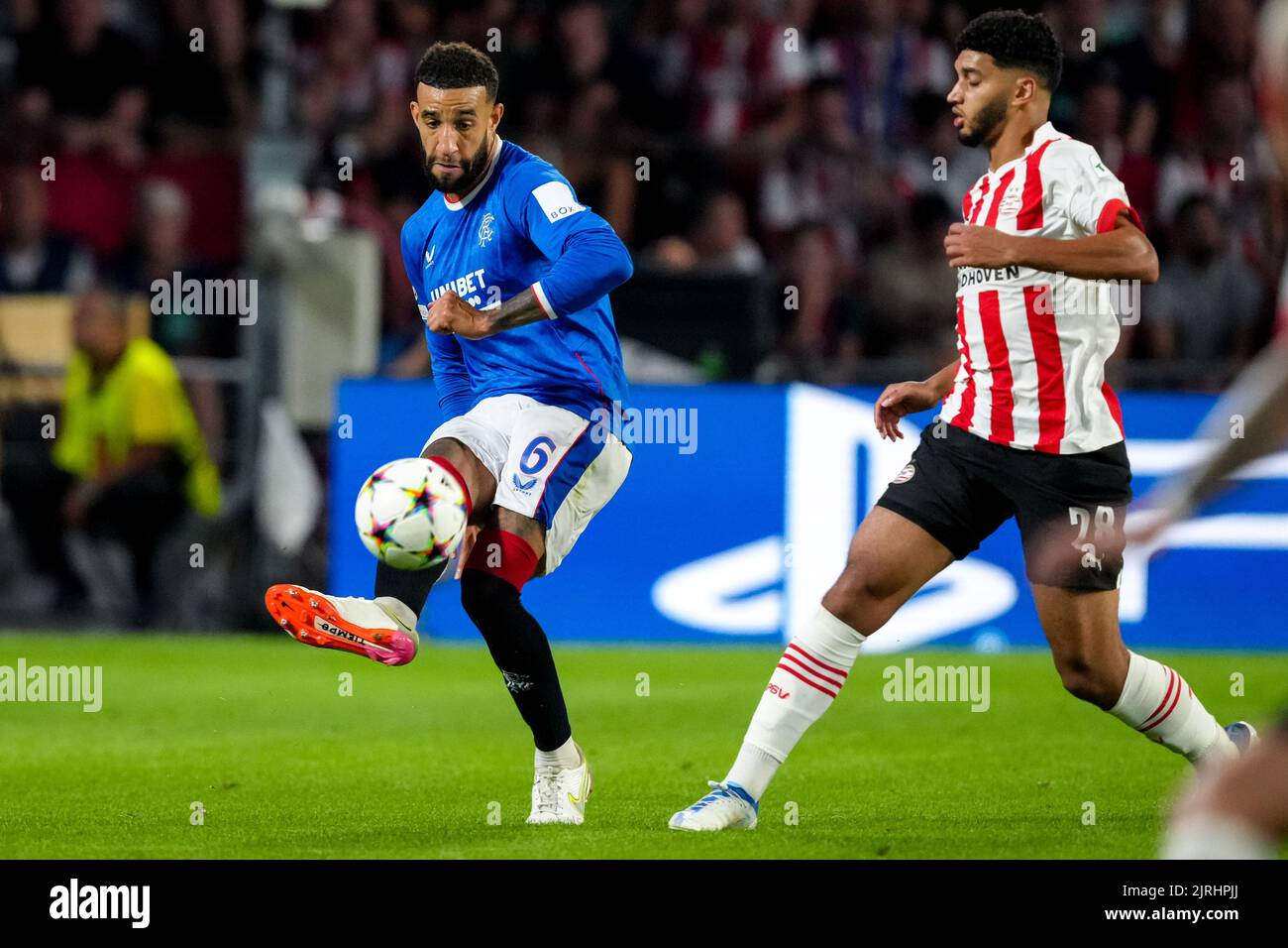 EINDHOVEN, NETHERLANDS - AUGUST 24: Connor Goldson of Rangers passes ...