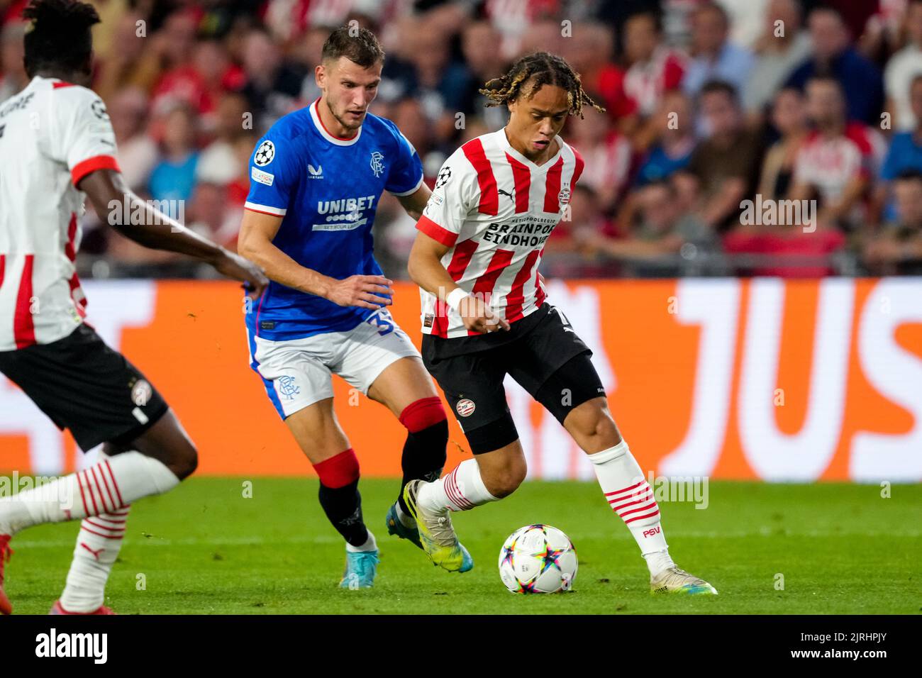 EINDHOVEN, NETHERLANDS - AUGUST 24: Borna Barisic of Rangers challenges ...
