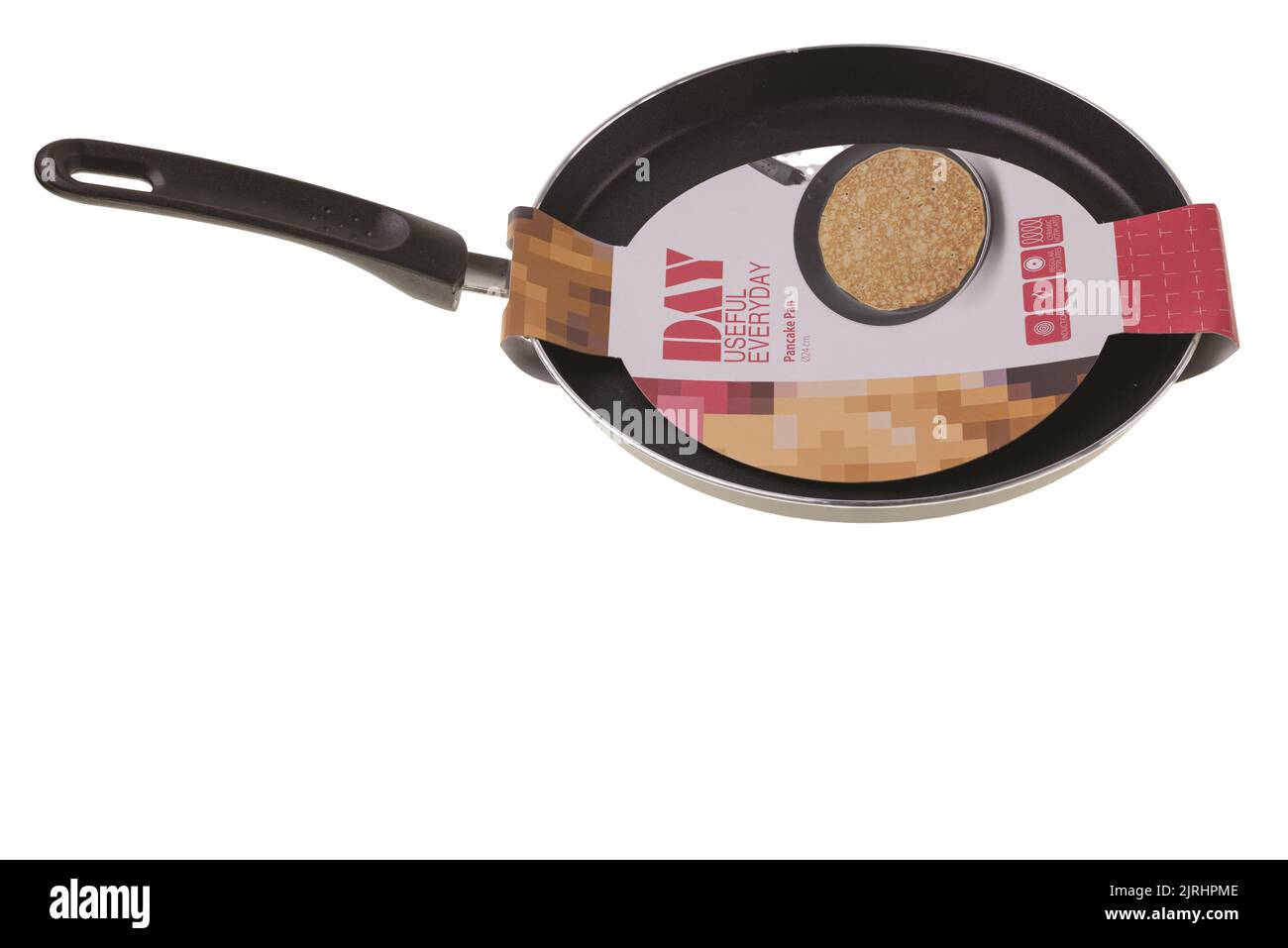 Close up view of frying pan in package for making pancakes isolated on ...