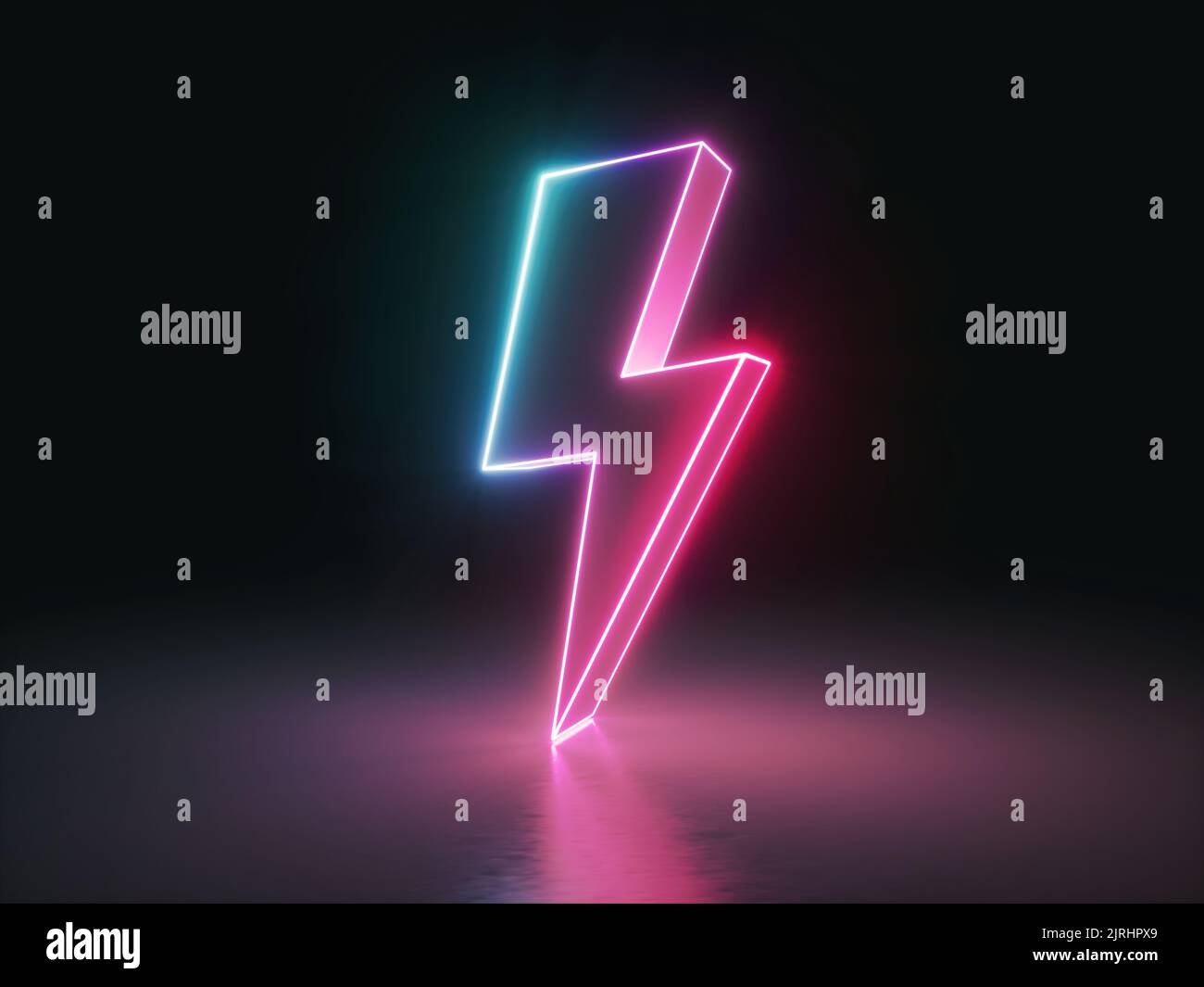 3d render, lightning, electric power symbol, retro neon glowing sign ...