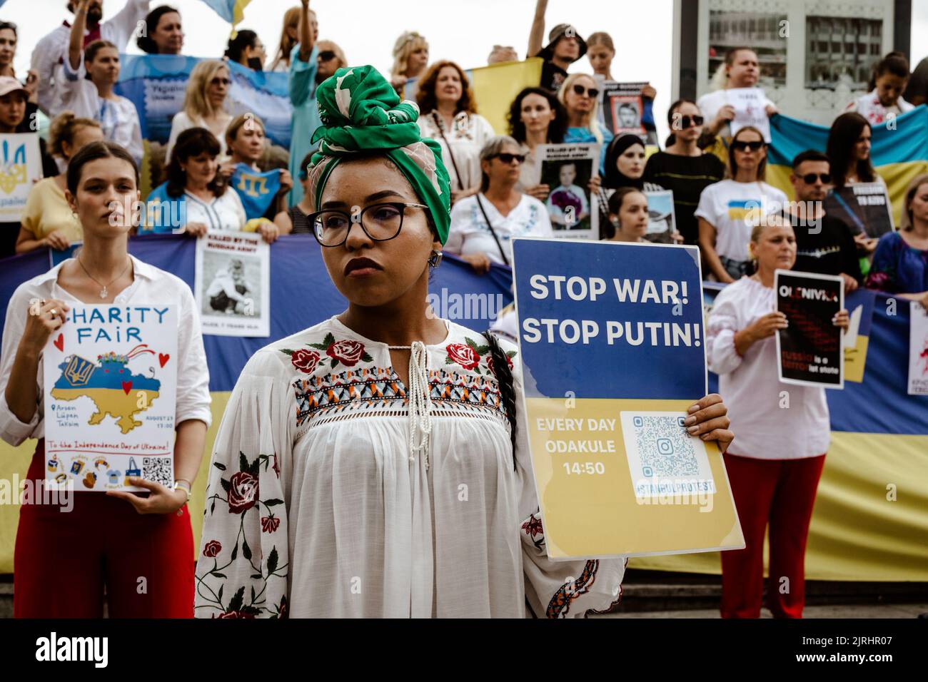Ukrainian protesters hold placards expressing their opinion during an ...