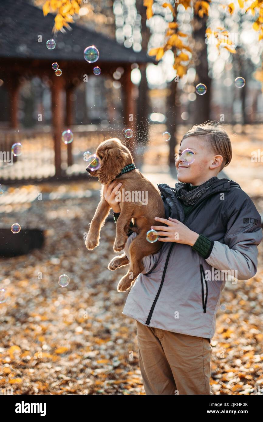 Best Pets For Teens. Teenage boy and his cute cocker spaniel puppy dog ...
