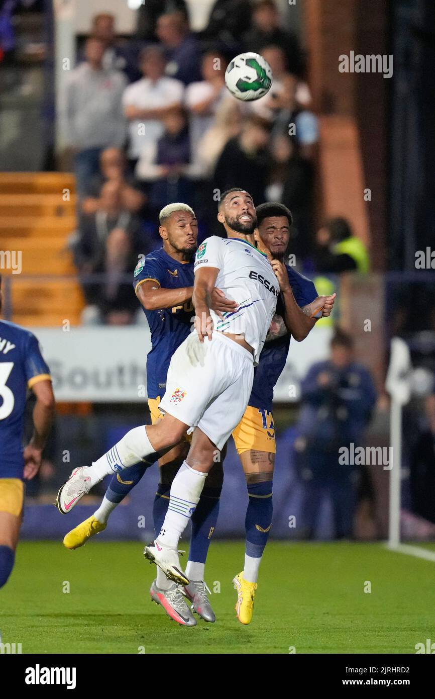 Joelinton #7 and Jamal Lewis of Newcastle United competes for a header ...