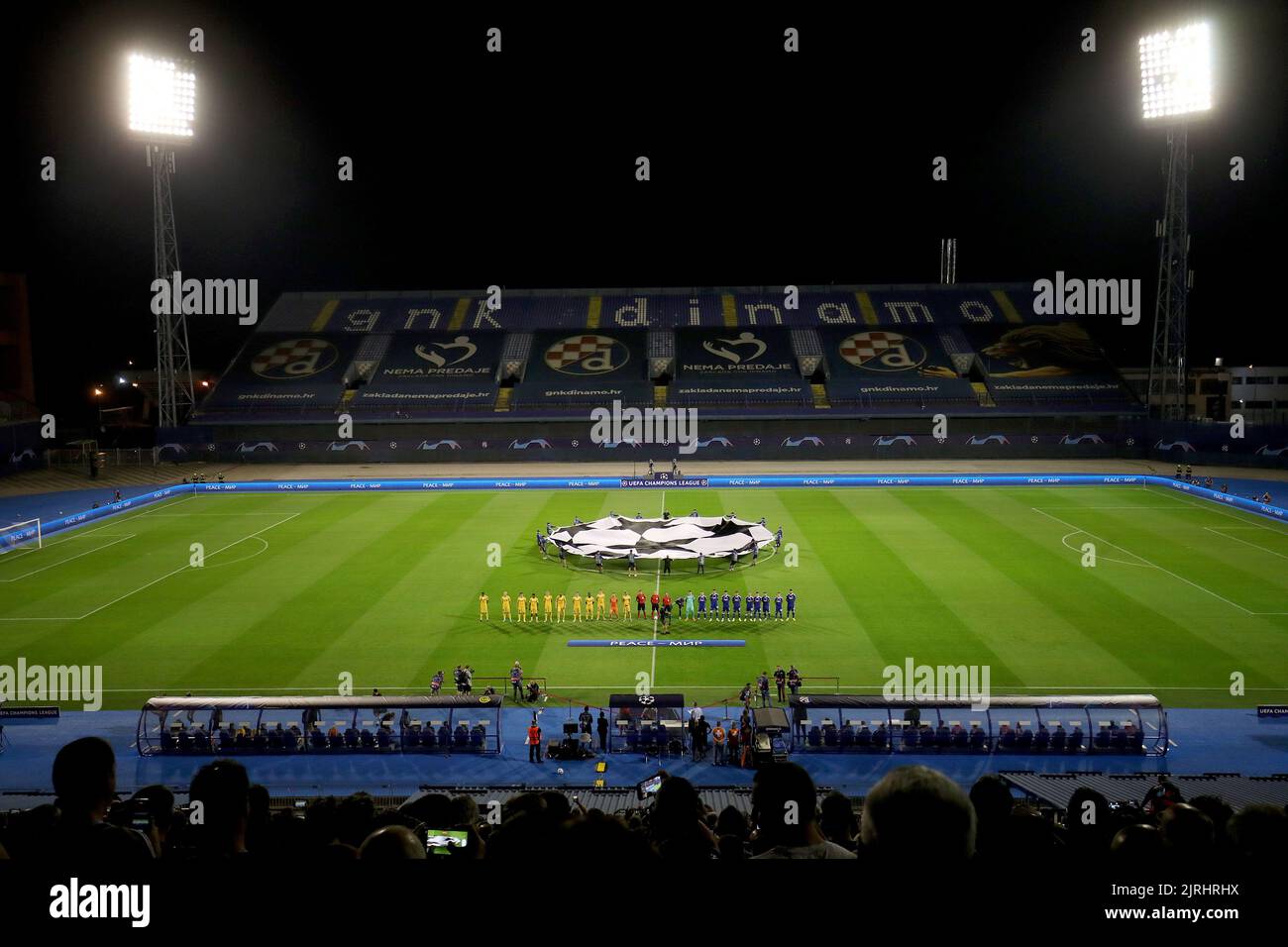 Players line up for the national anthems during UEFA Champions League ...