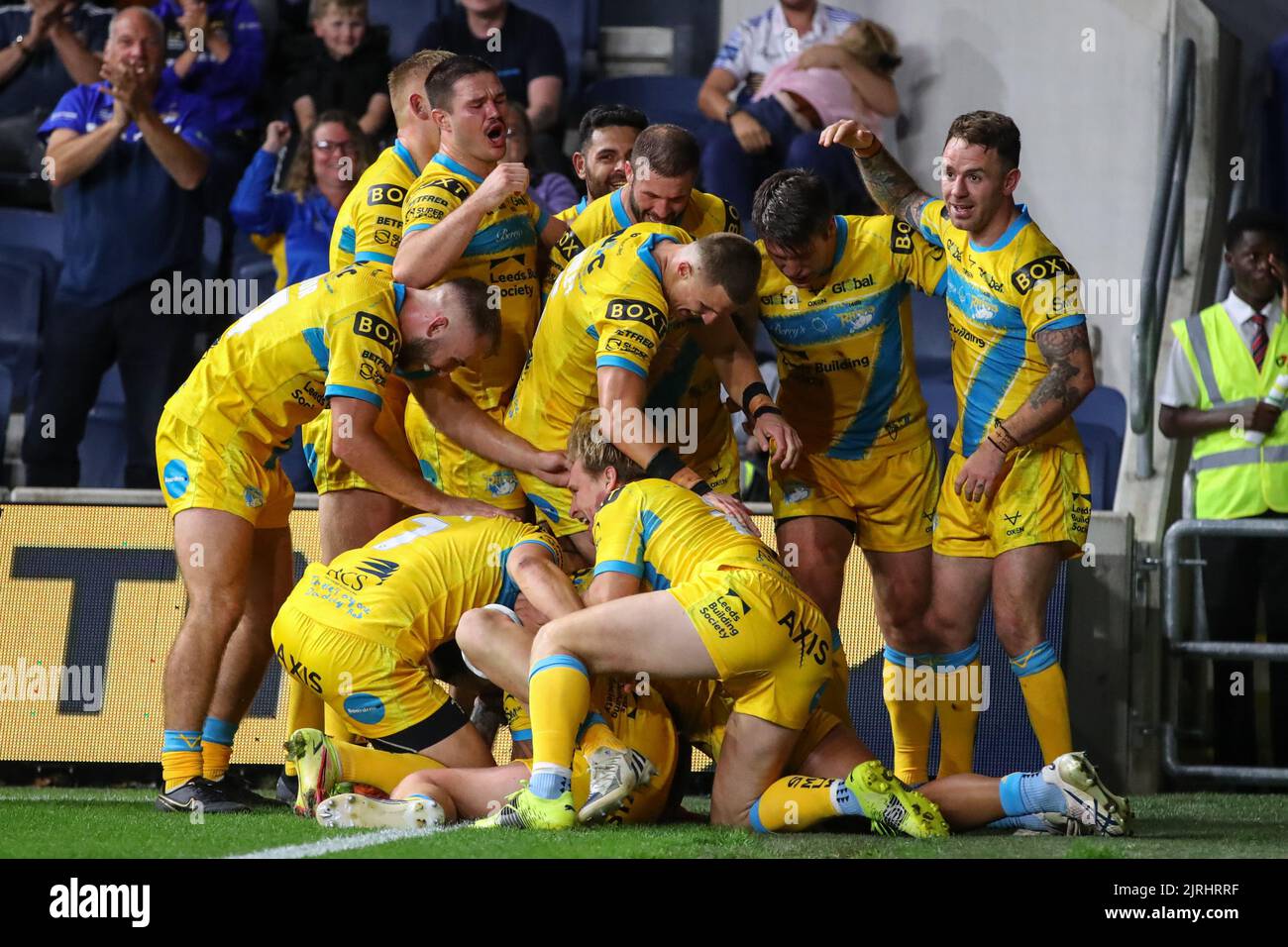 Blake Austin #6 of Leeds Rhinos celebrates his try to win the match ...