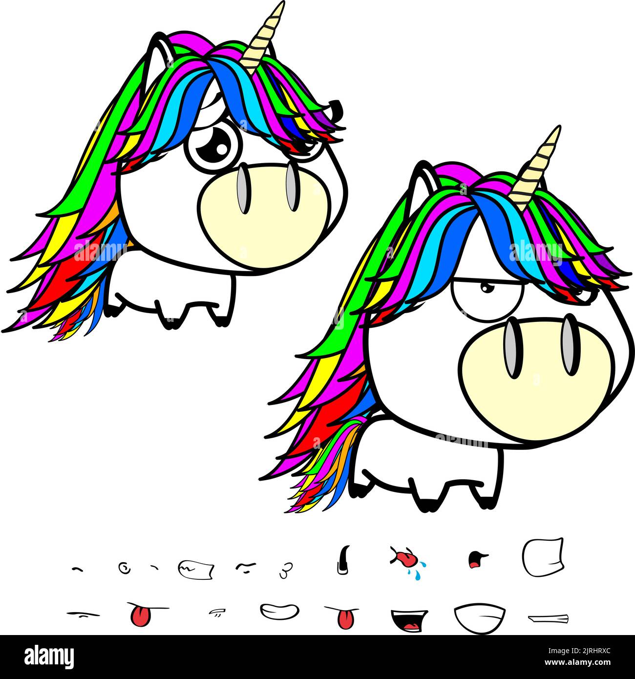 grumpy big head unicorn cartoon expressions set colletion in vector ...