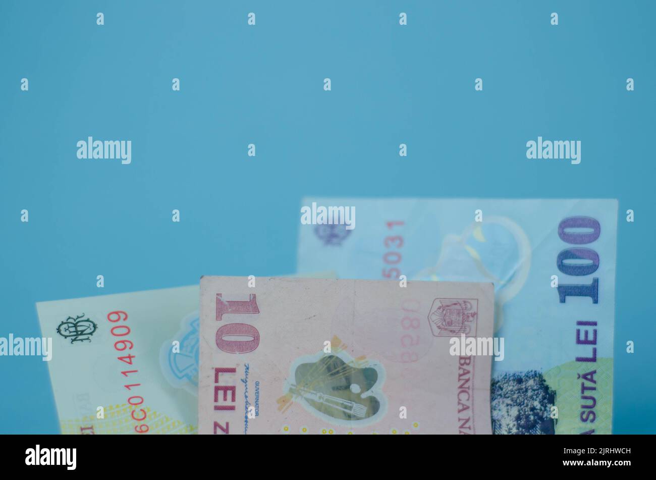 Selective focus on detail of lei banknotes. Close up macro detail of ...