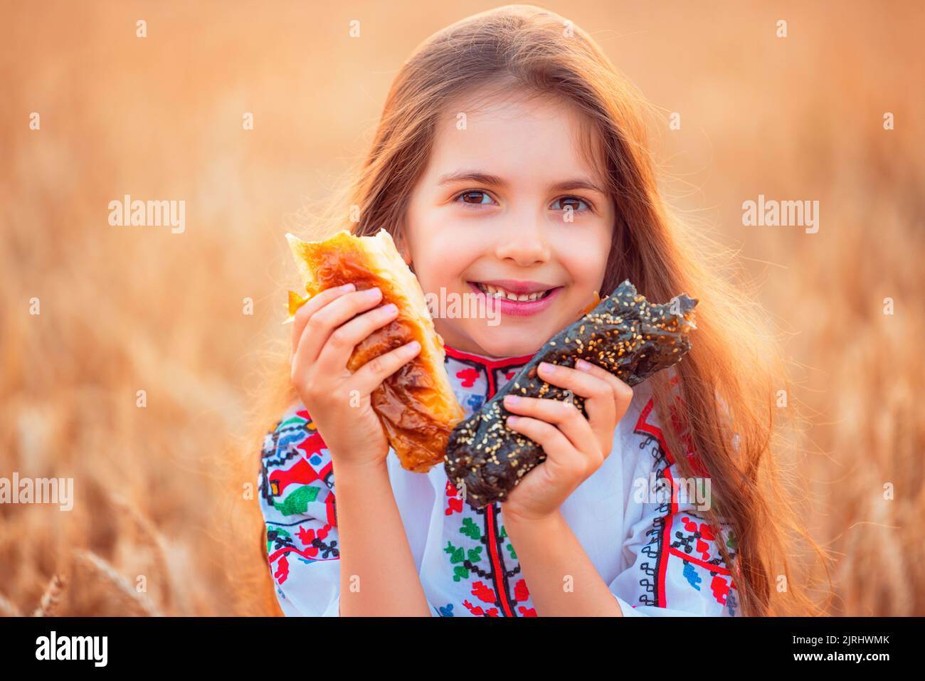 Bulgarian girl, beautiful woman, eating freshly baked banitsa, cheese ...