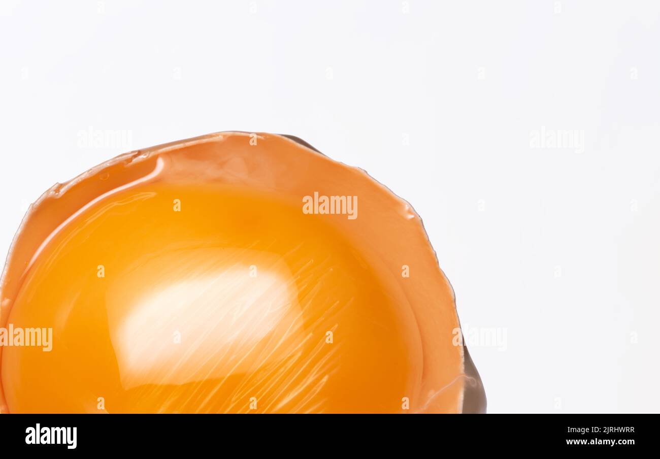 Egg yolk in a shell isolated on a white background. Egg yolk close-up ...