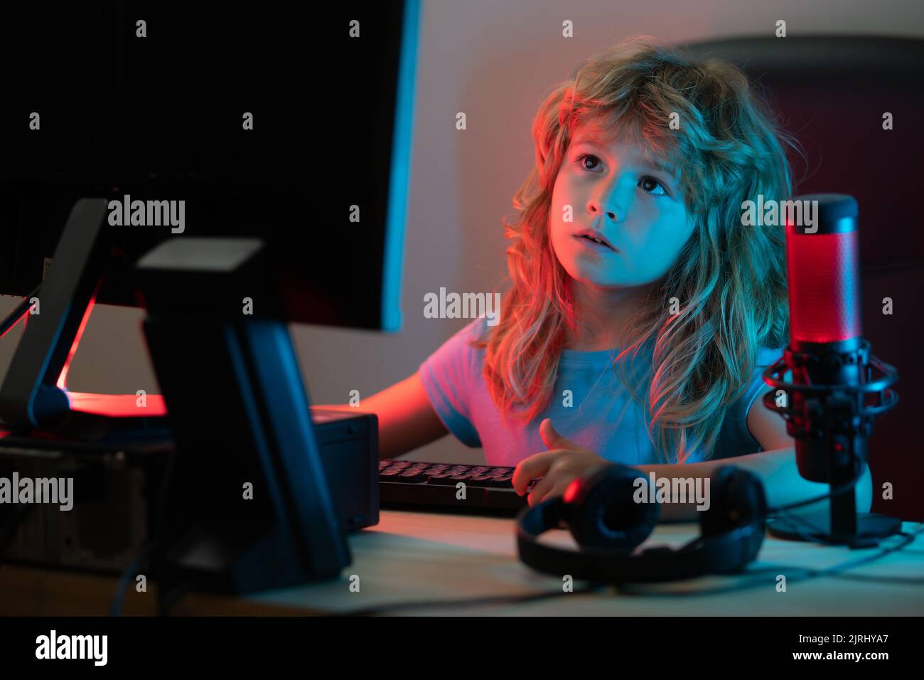 Little child blogger. School, study, online learning concept. Kid Boy ...