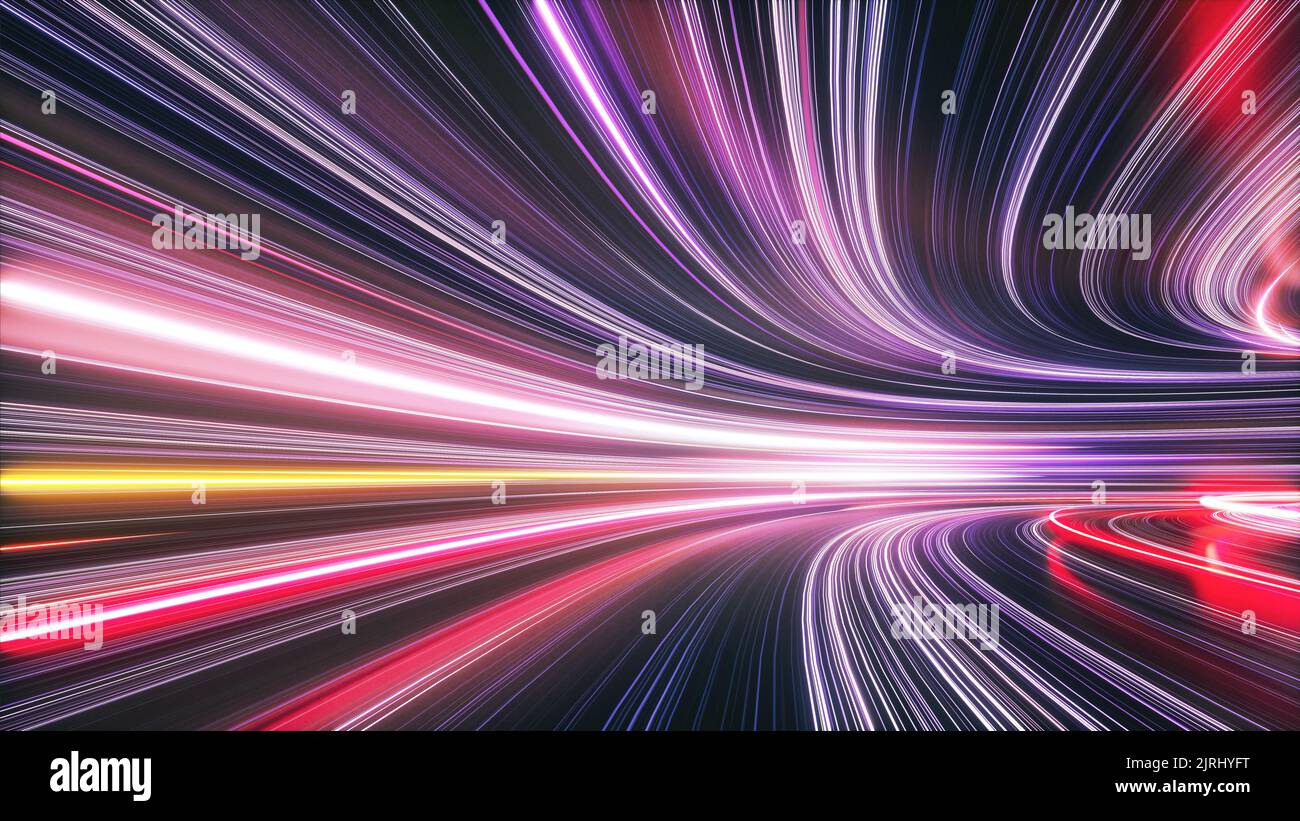 3d render, abstract neon background, space tunnel turning to left ...