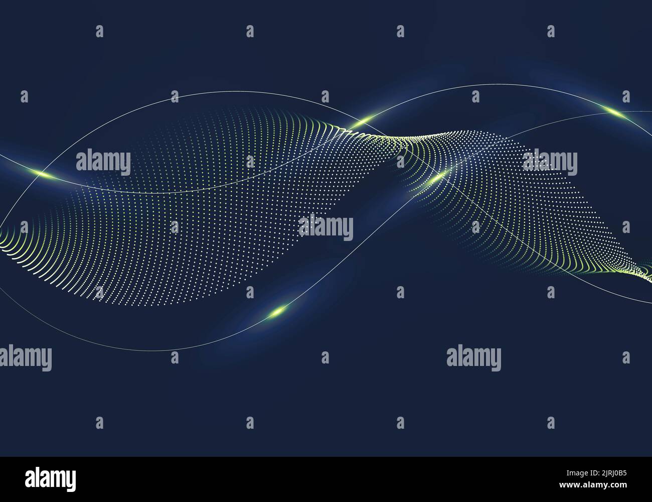 Abstract green wavy lines with dots particles and lighting on dark blue background. Vector ...