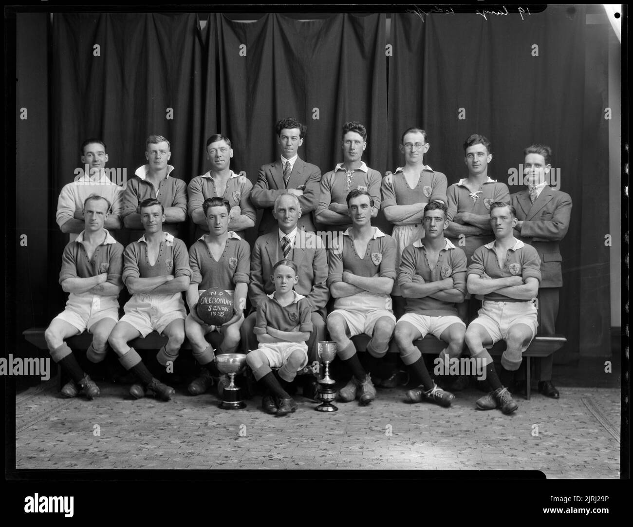 Caledonian Seniors Football Team, 1928, maker unknown. F B Butler/Crown ...