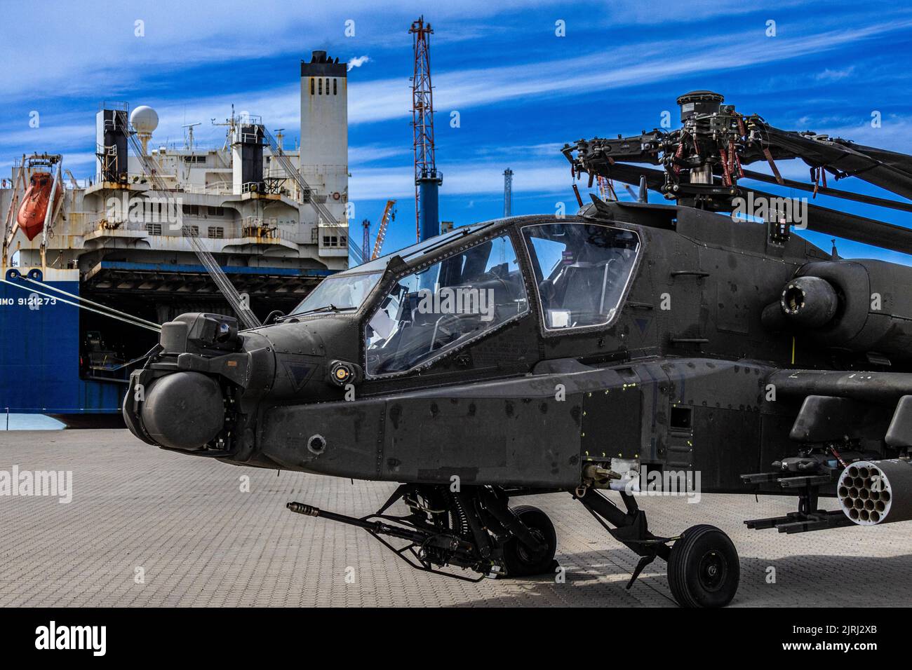 ESBJERG, Denmark - The first AH-64 Apache helicopter is discharged from ...