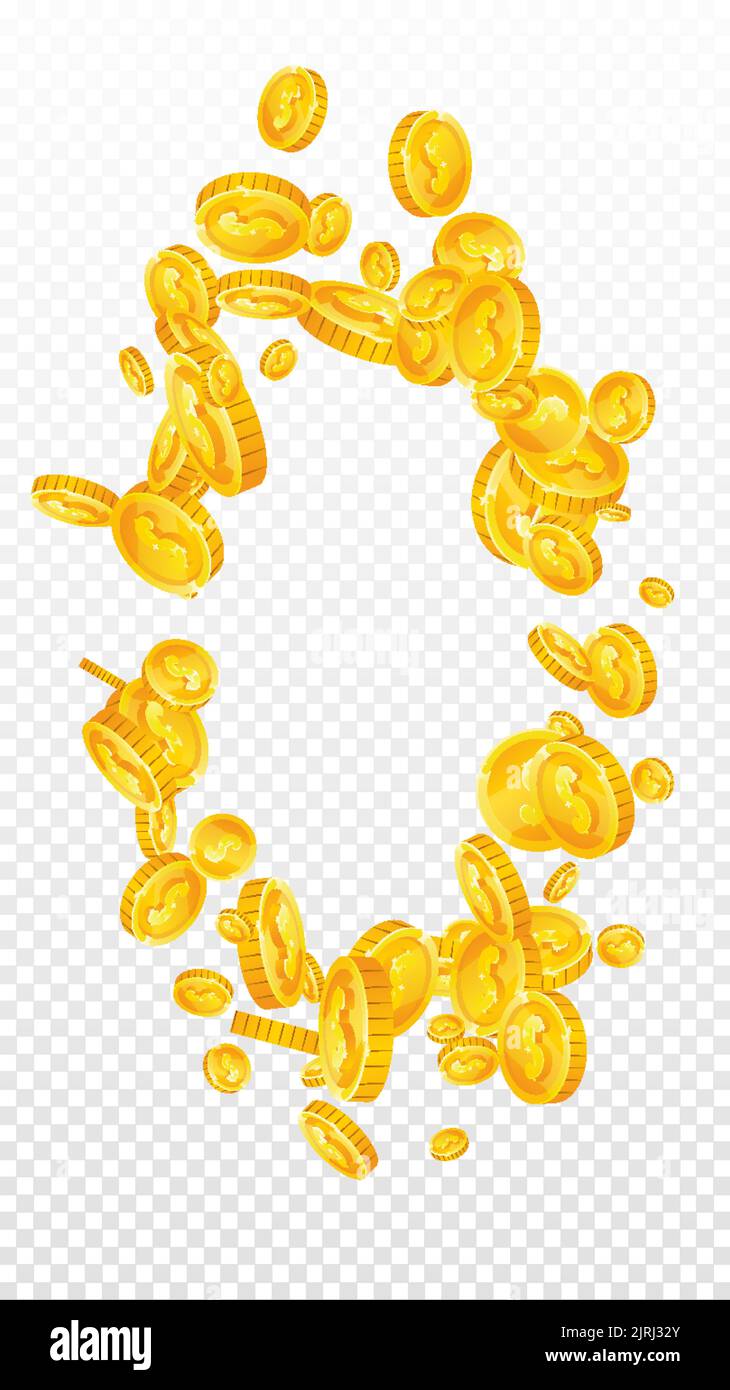 American dollar coins falling. Scattered gold USD coins. USA money ...