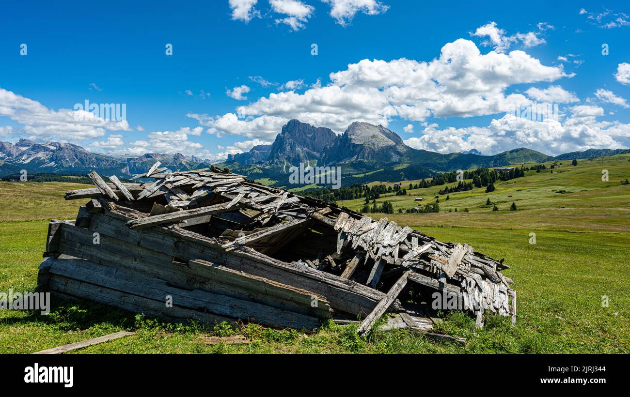Collapsed hut in the Alps, Alpe di Siusi, Castelrotto Sud Tyrol.summer ...