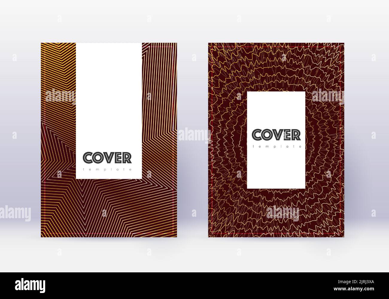 Hipster cover design template set. Gold abstract lines on maroon ...