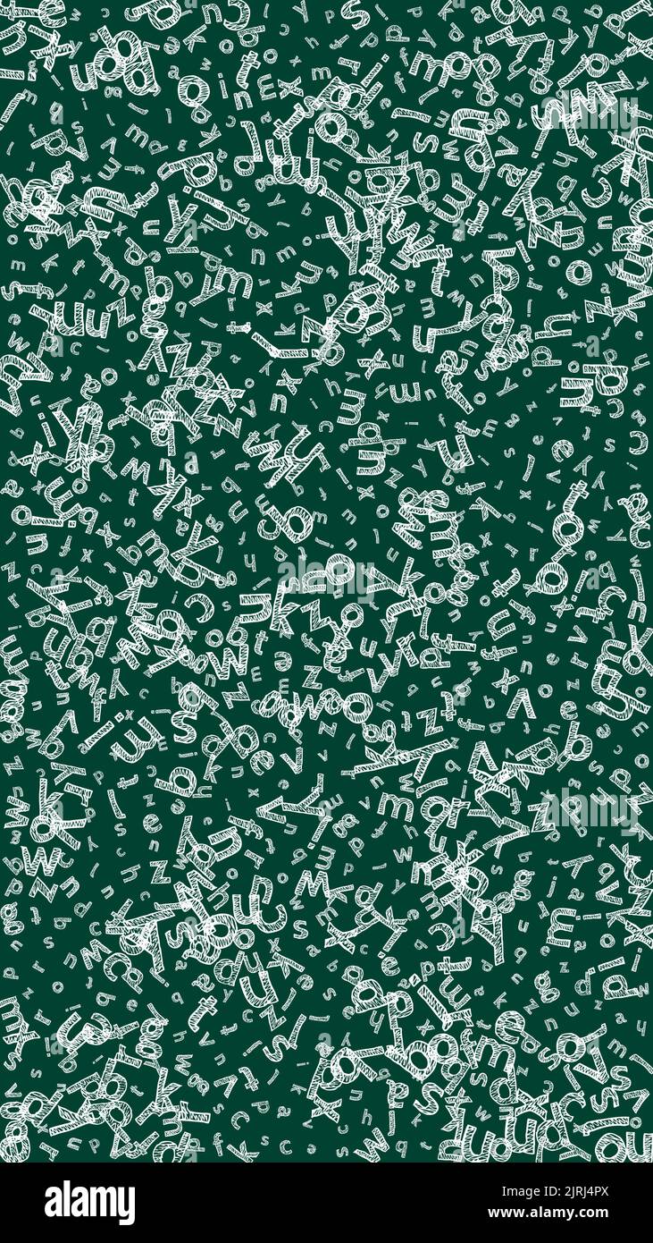 Falling letters of English language. Sketch chalk flying words of Latin ...