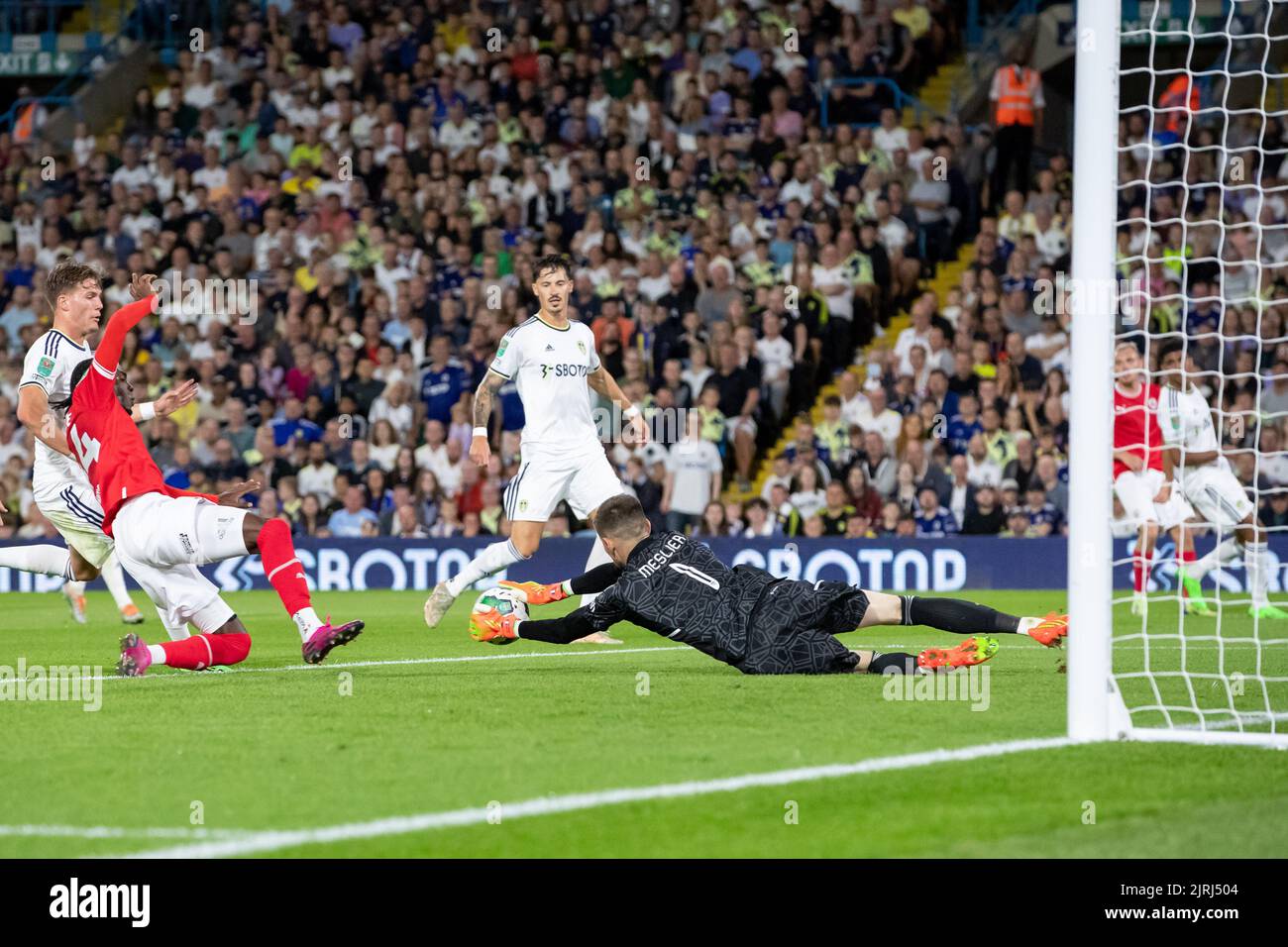 Illan Meslier #1 of Leeds United makes a vital save during the second ...