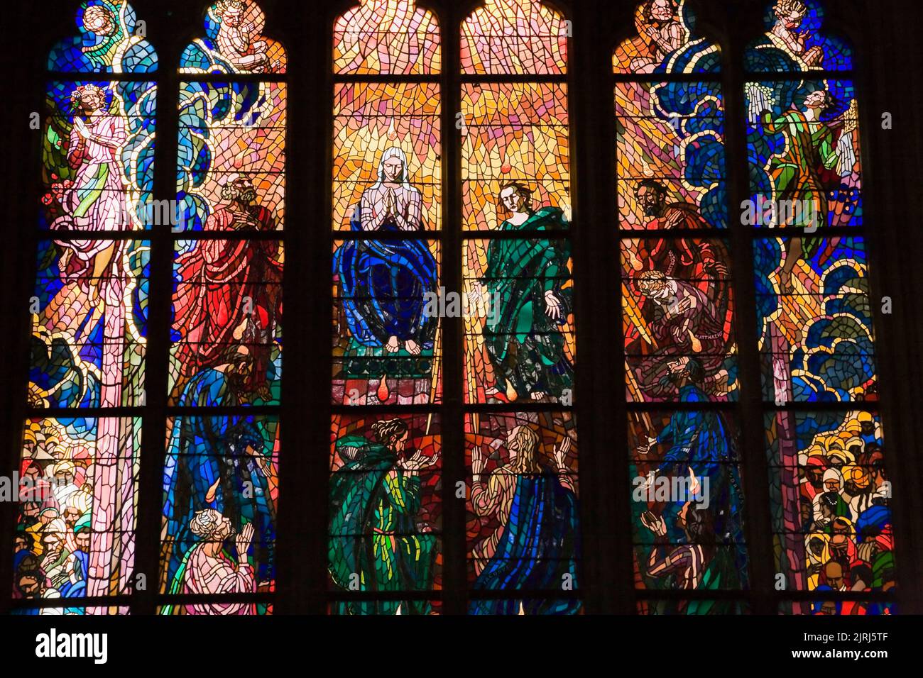 Stained glass window inside the 14th century gothic style Saint-Vitus ...