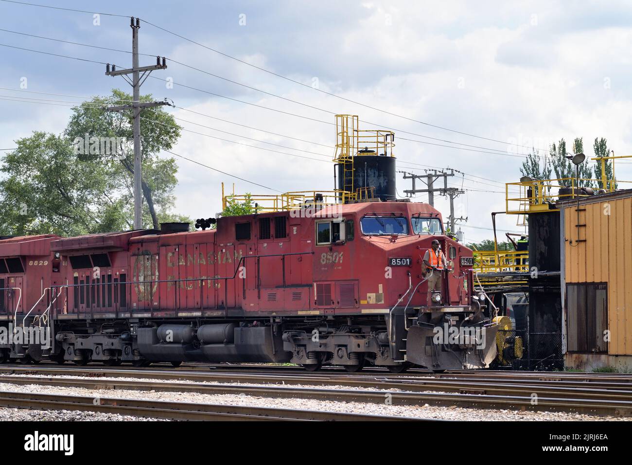 Franklin Park, Illinois, USA. With a crew member riding the front platform of the lead ...