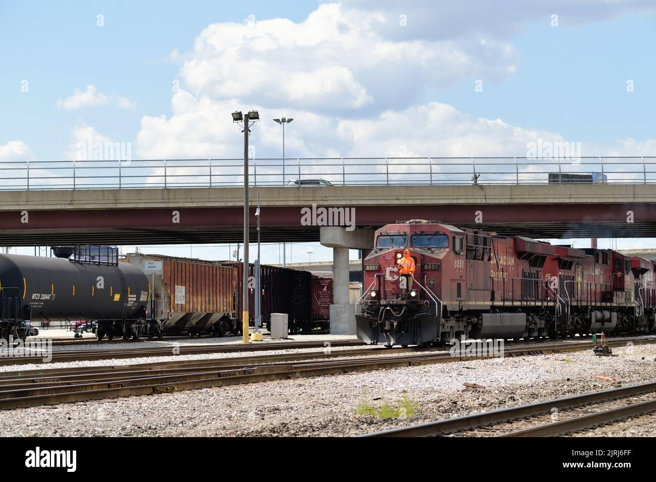 Franklin Park, Illinois, USA. With a crew member riding the front platform of the lead ...