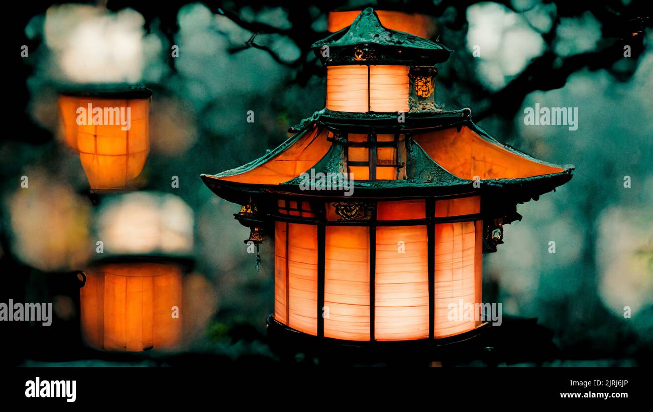 Traditional paper lantern closeup with trees and lights in blurred ...