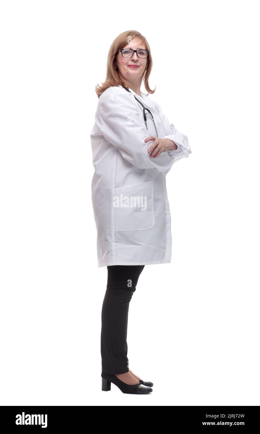side view. serious female medic looking at a white screen Stock Photo ...