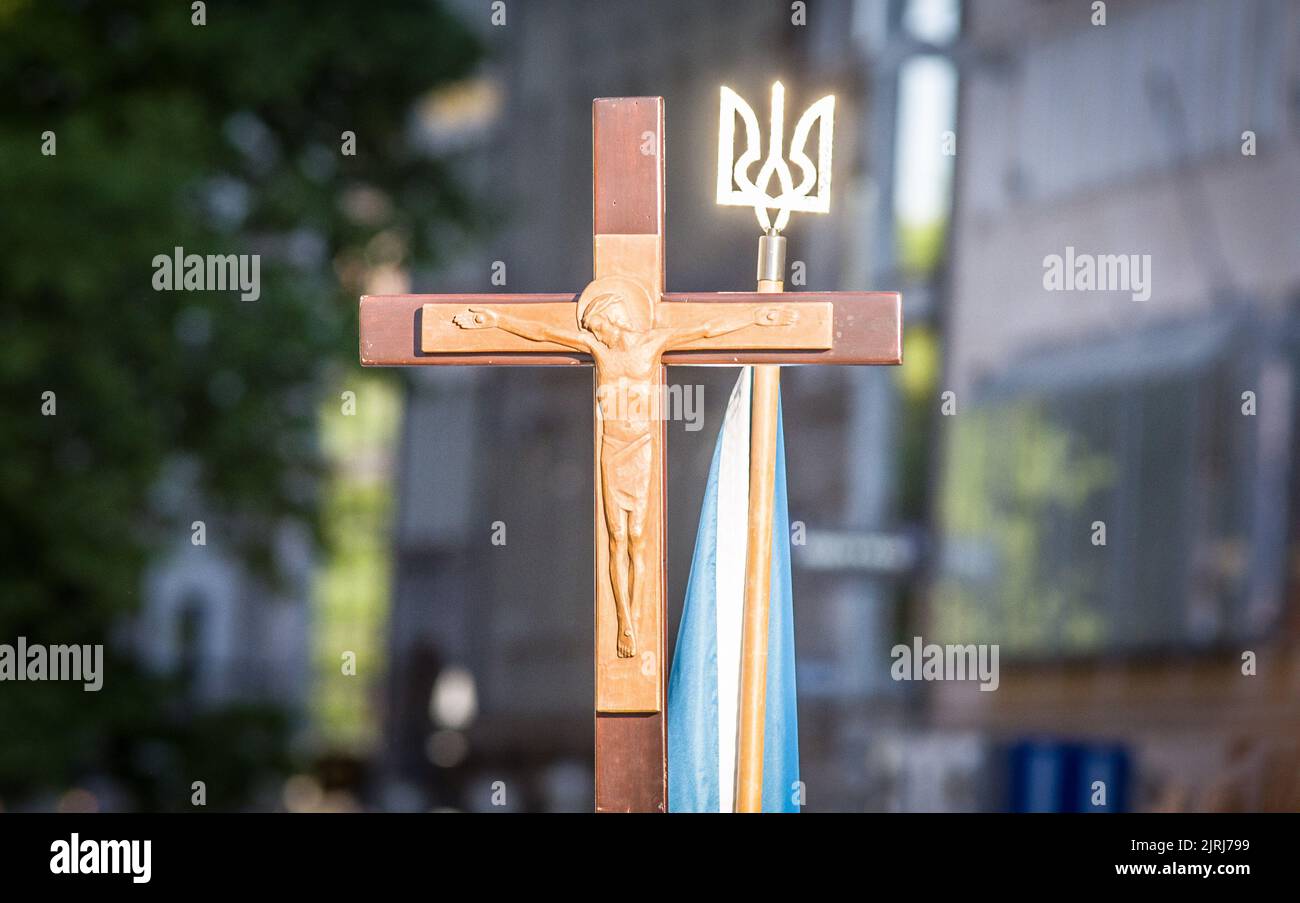 Munich, Bavaria, Germany. 24th Aug, 2022. The Ukrainian Trident and a ...