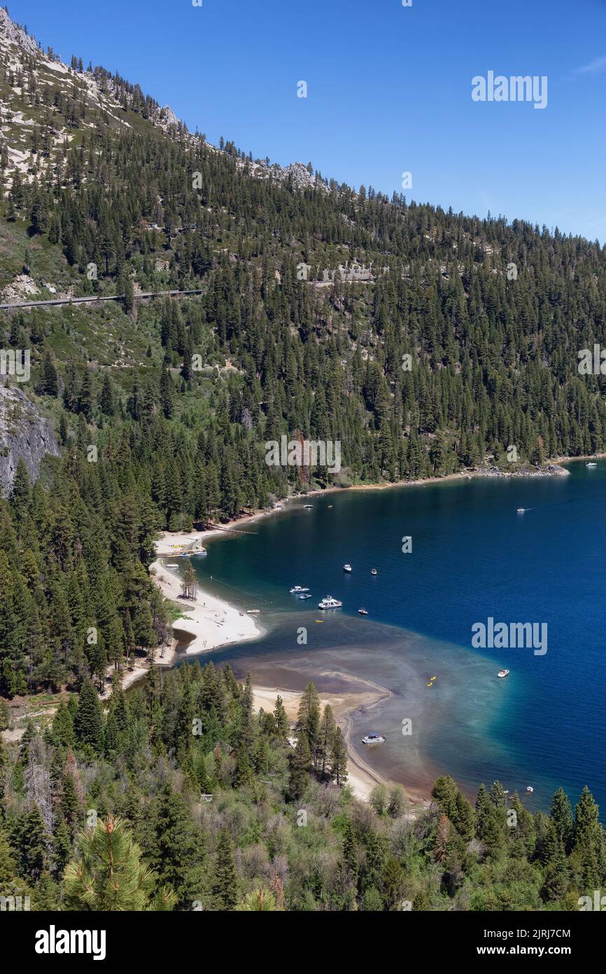 View of Bay with Beaches, Boats, Trees and Mountainside. Summer Season ...