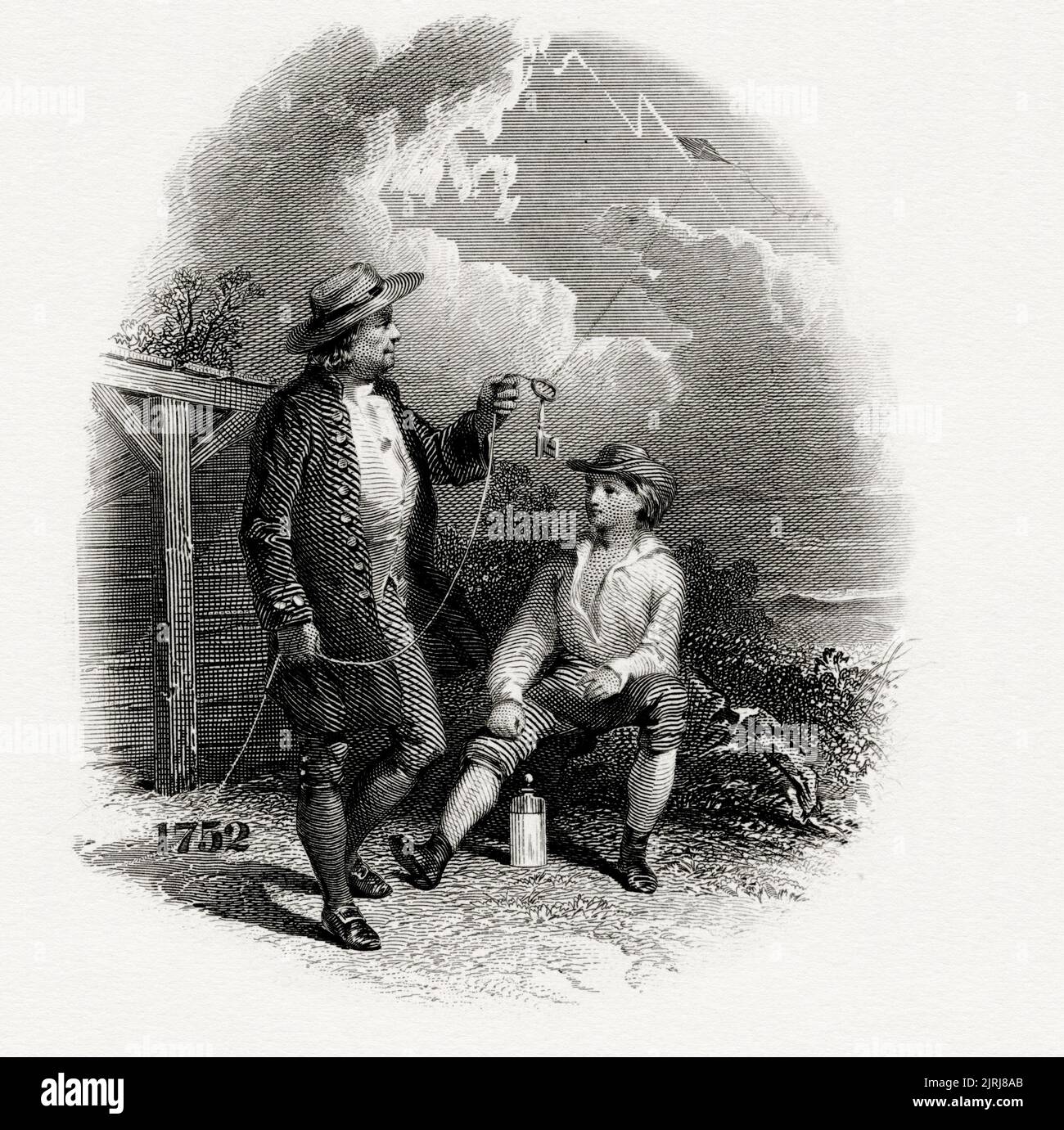 Franklin and Electricity vignette engraved by the BEP (c. 1860 Stock ...