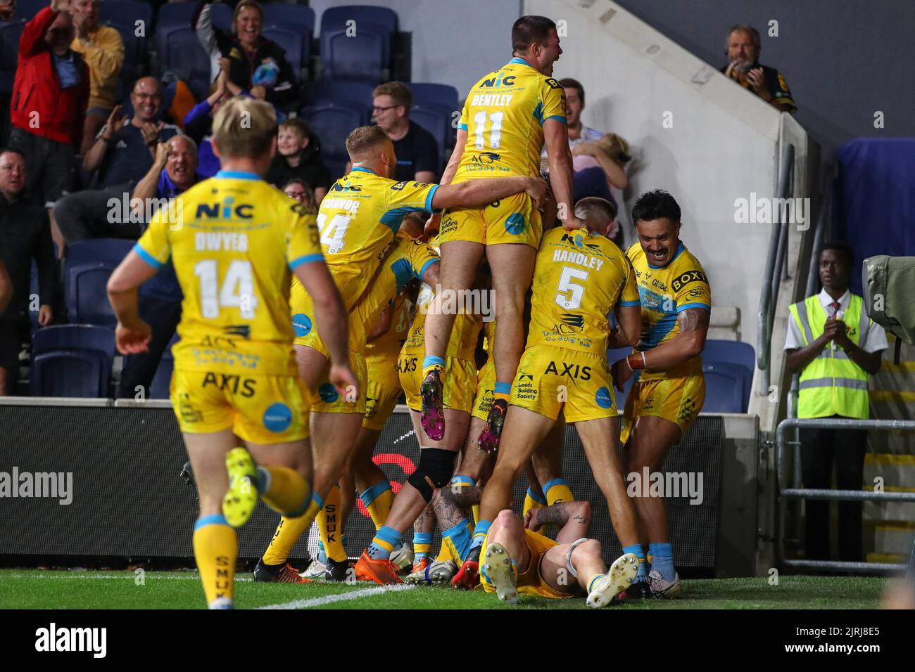 Blake Austin #6 of Leeds Rhinos celebrates his match winning try and ...